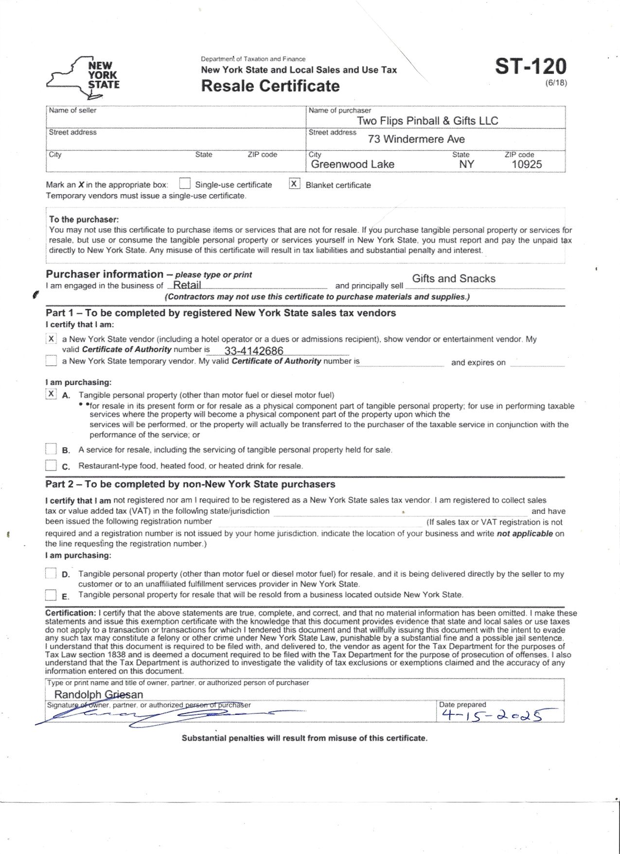 ST 120 (Wholesale Certificate) Form for Two Flips Pinball & Gifts_page ...